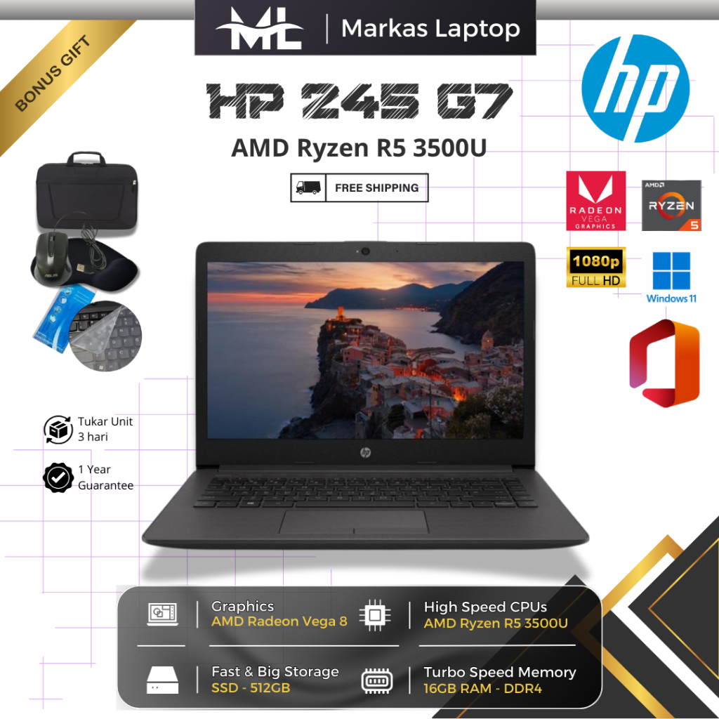 Jual LAPTOP HP 245 G7 AMD RYZEN 5-3500U RAM 16GB SSD 512GB 14"HD ...
