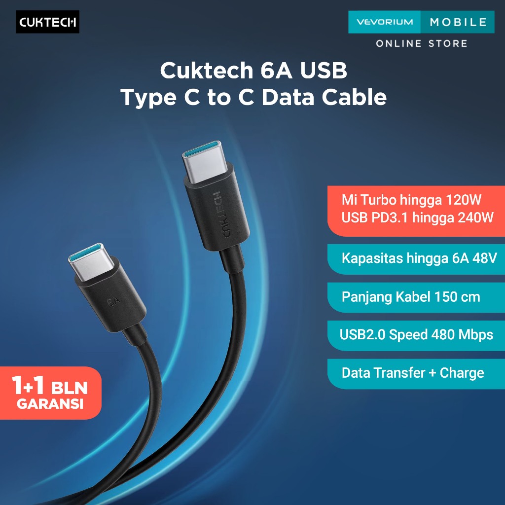 Jual CUKTECH 6A 150cm 240W USB Type C to C Cable | Kabel Data Mi Turbo Charge 120W | PD3.1 Super ...