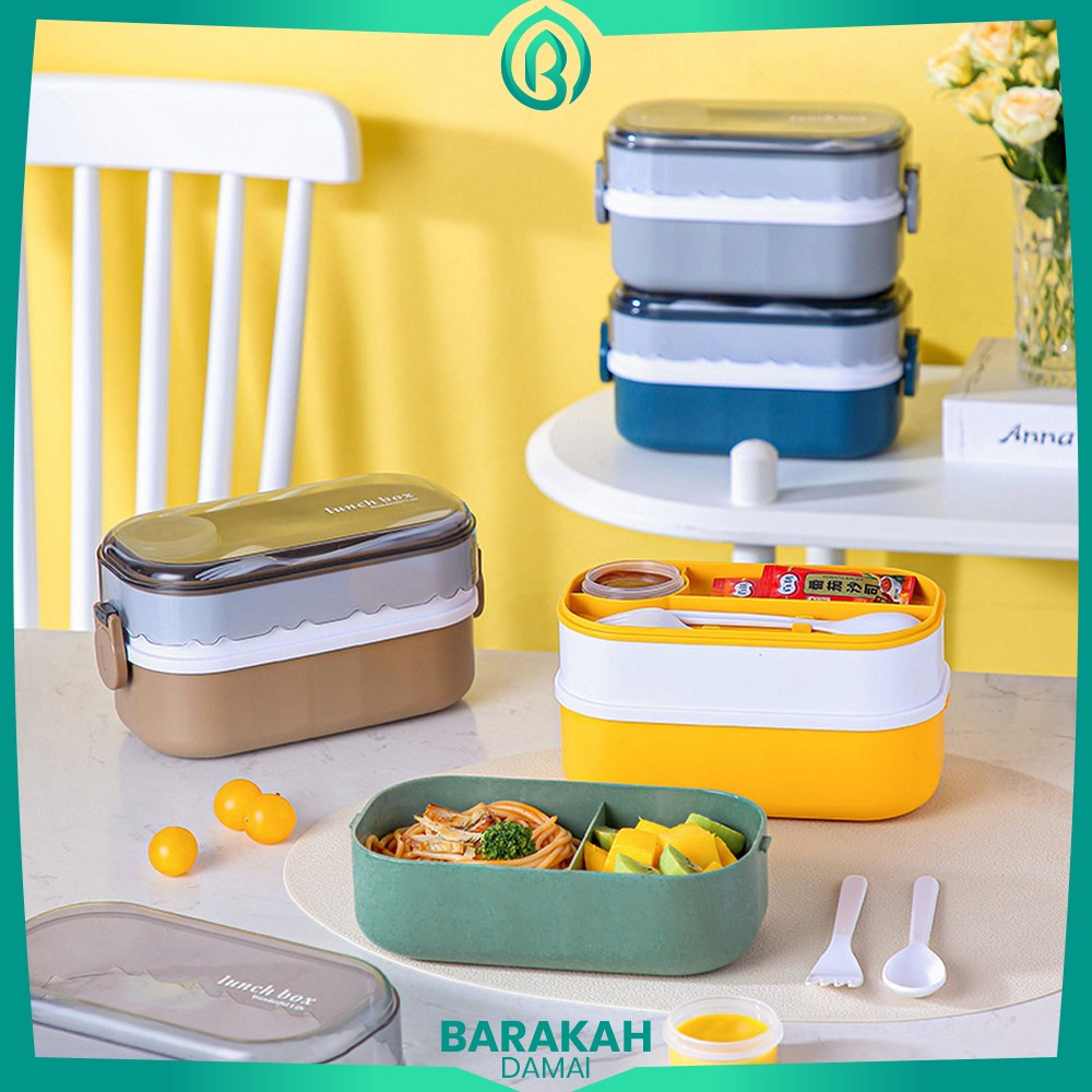 Jual Kotak Makan 2 Tingkat Anti Tumpah Portable / Lunch Box Bento Set 1000ML dengan Sendok Garpu ...