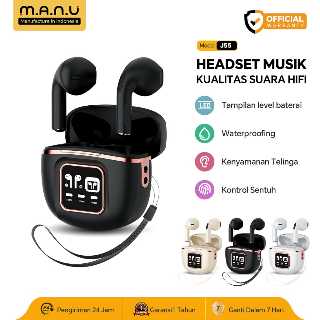 Jual Manu J55 Earphone Bluetooth In-ear Earbud With Digital Display ...