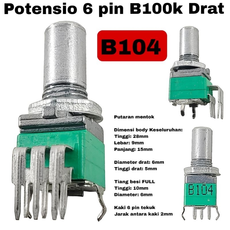 Jual Potensio 6 pin B100k Drat Stereo Kaki 6p 2x3 Tekuk Segi Hijau B104 ...