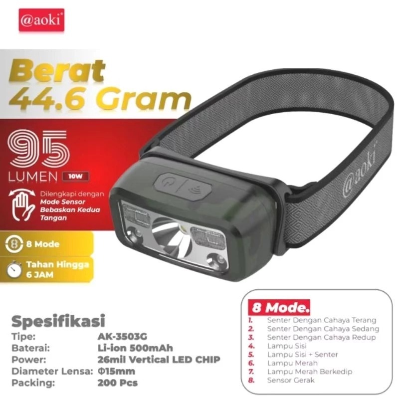 Jual Senter Kepala Cas Sensor Cerdas Aoki Ak-3503G / Senter Kepala Aoki Army Free Ikat kepala ...