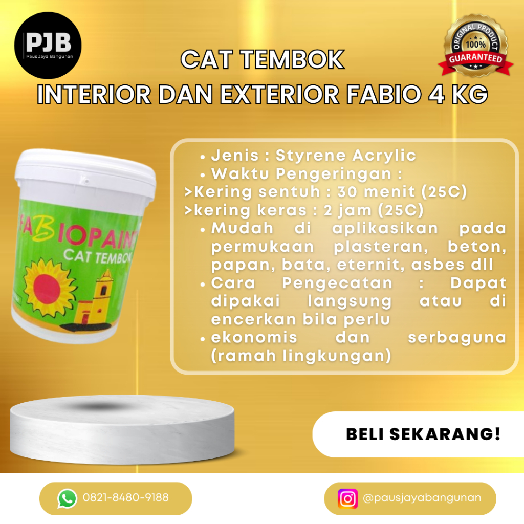 Jual Cat Tembok Interior dan Exterior Fabio Paint 4 kg 100% Original ...