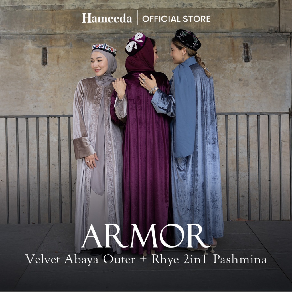 Jual Hameeda x Guzelya - ARMOR | Velvet Abaya Outer with 2in1 Instant ...