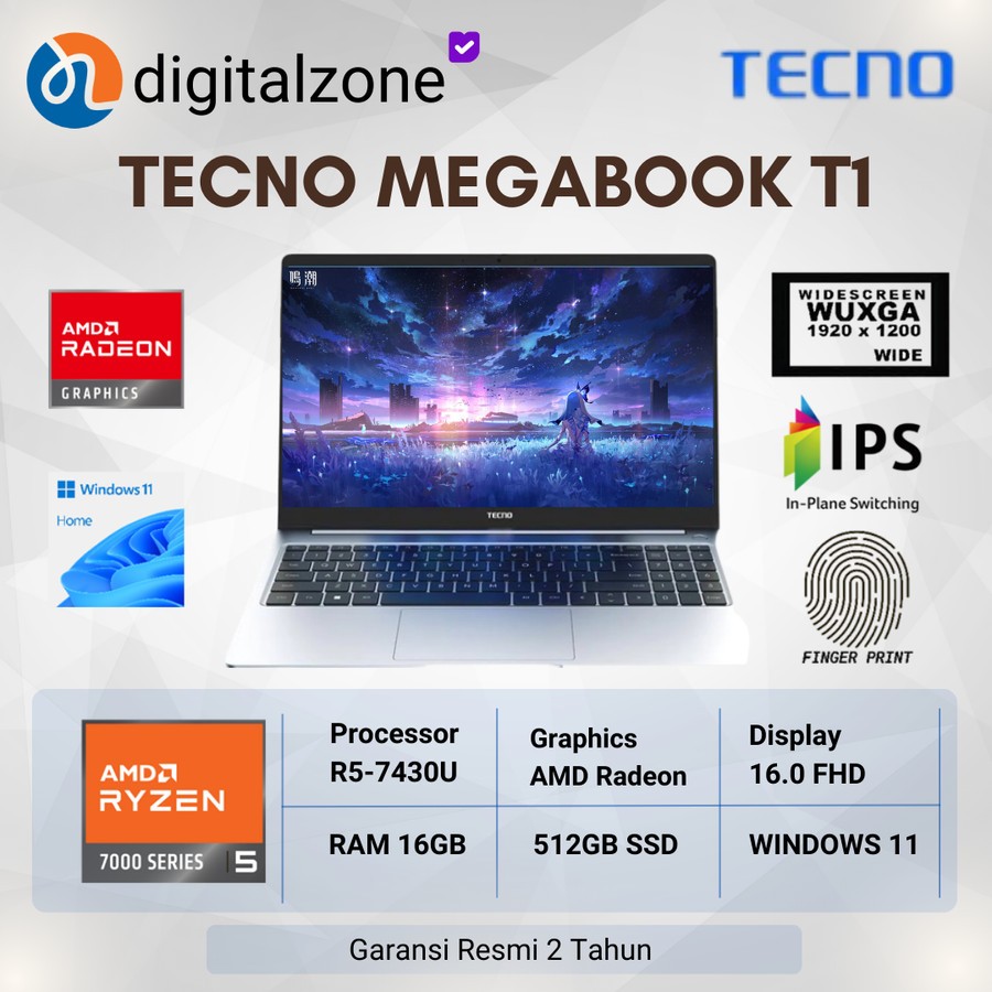 Jual Laptop TECNO MEGABOOK T1 - Ryzen 5 7430U 16GB 512GB 14 WUXGA IPS ...