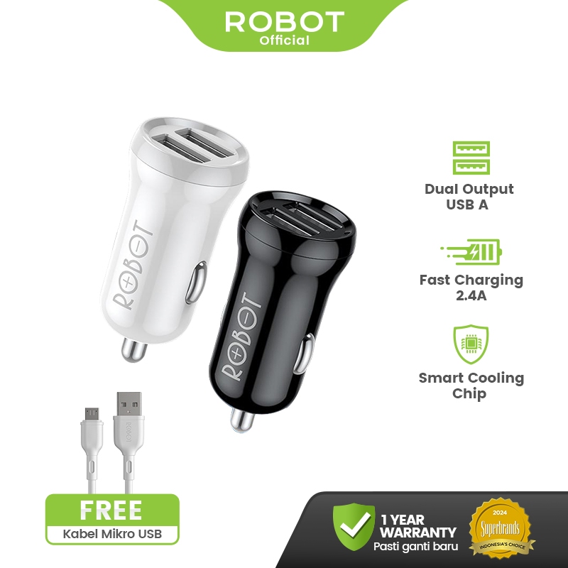 Jual ROBOT Car Charger 2.4A Dual Port USB Ganda Adapter Charger Mobil ...