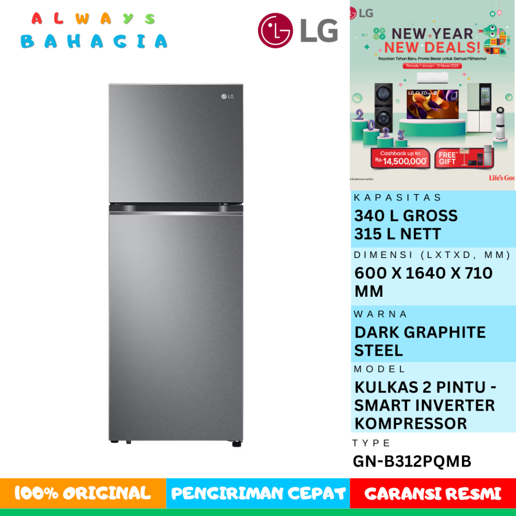Jual LG GN-B312PQMB Kulkas 2 Pintu Terbaru 340L Gross, 315L Nett, Smart ...