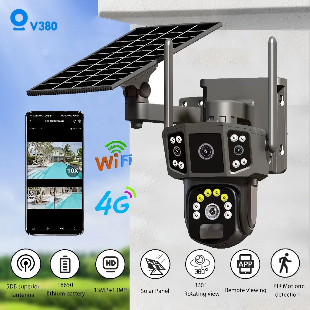 Jual 3 lensa-cctv Solar V380 pro Outdoor WiFi CCTV / 4G SIM Kamera 8MP ...