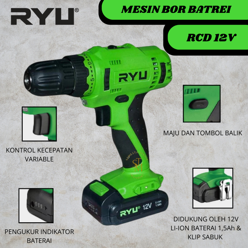 Jual Mesin Bor Obeng RYU RCD12V / Cordless Drill 12 V Mesin Bor 2 ...
