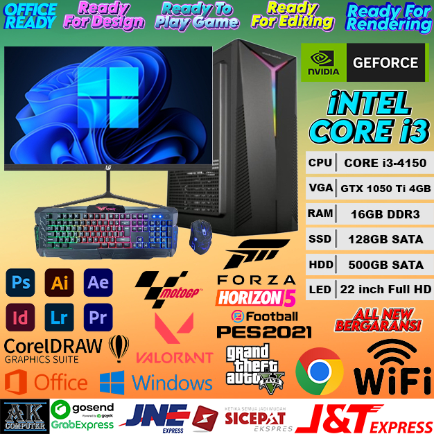 Jual PC GAMING FULLSET iNTEL CORE i3 4150 Gen 4Th Feat GTX 1050 Ti 4GB + RAM 16GB + SSD 128GB ...