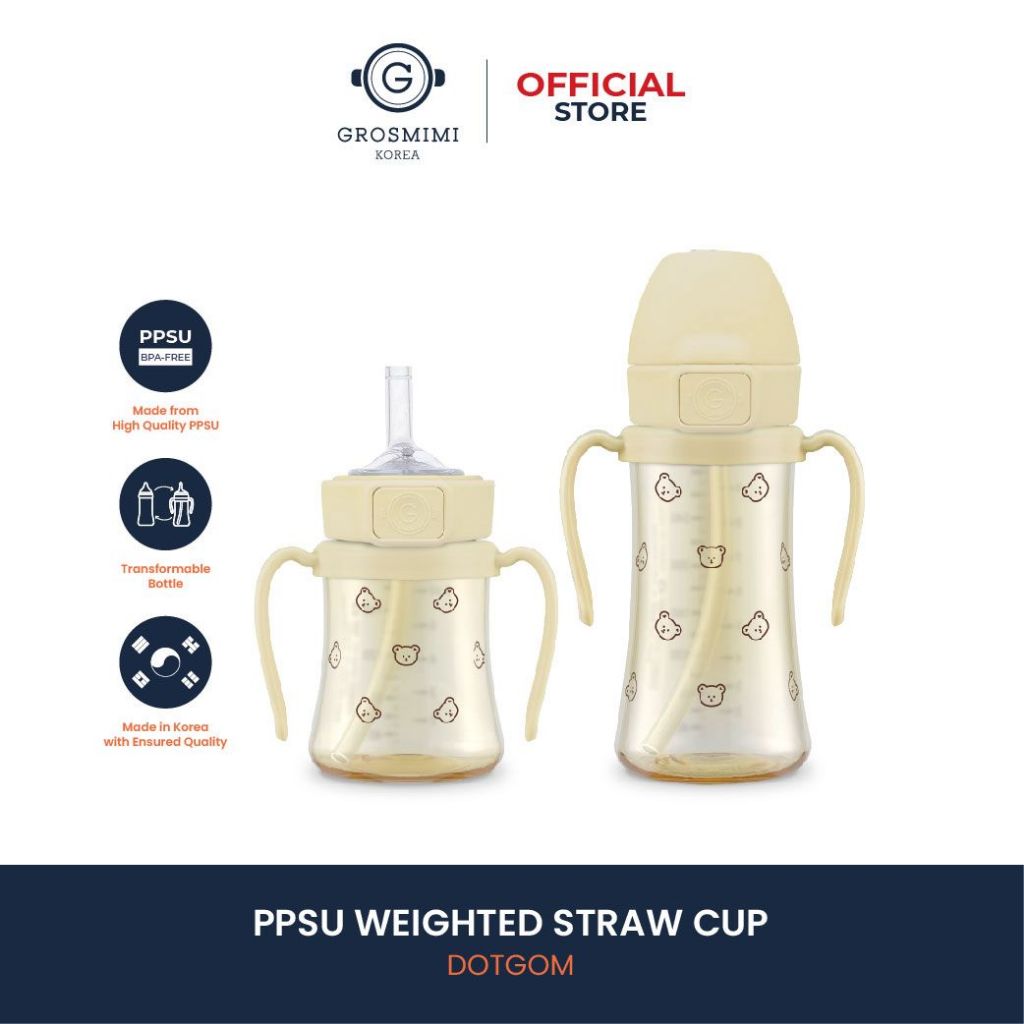 Jual GROSMIMI PPSU Dotgom Weighted Straw Cup 200/300ml with Steel Free One Touch Cap(Butter ...