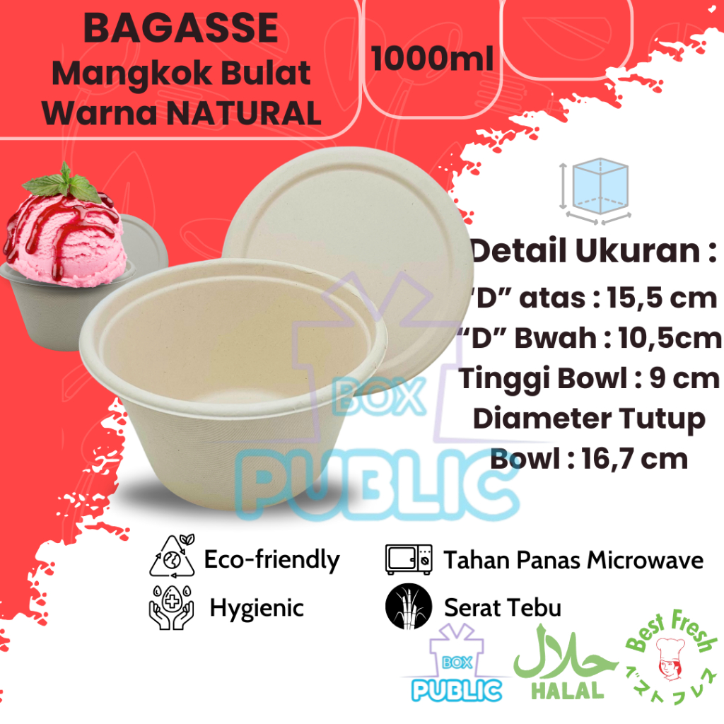 Jual Bagasse Round Bowl 1000 ml + Tutup Warna NATURAL - Bagasse Mangkok Bulat 1000ml + Tutup ...