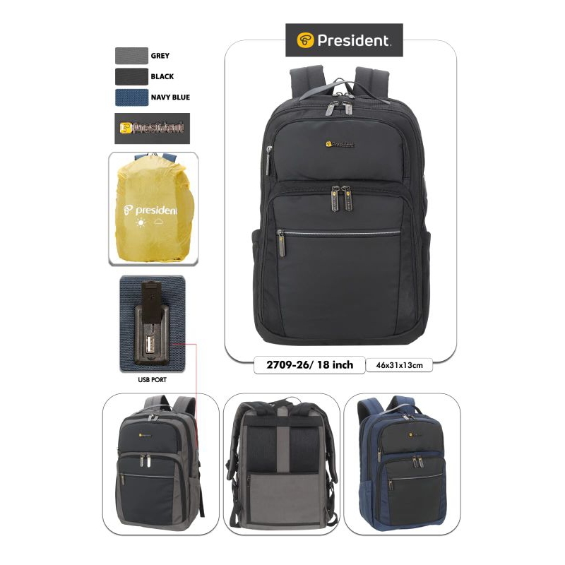 Jual [ PRESIDENT ] TAS RANSEL LAPTOP 2709-26 / BACKPACK PRESIDENT USB ...