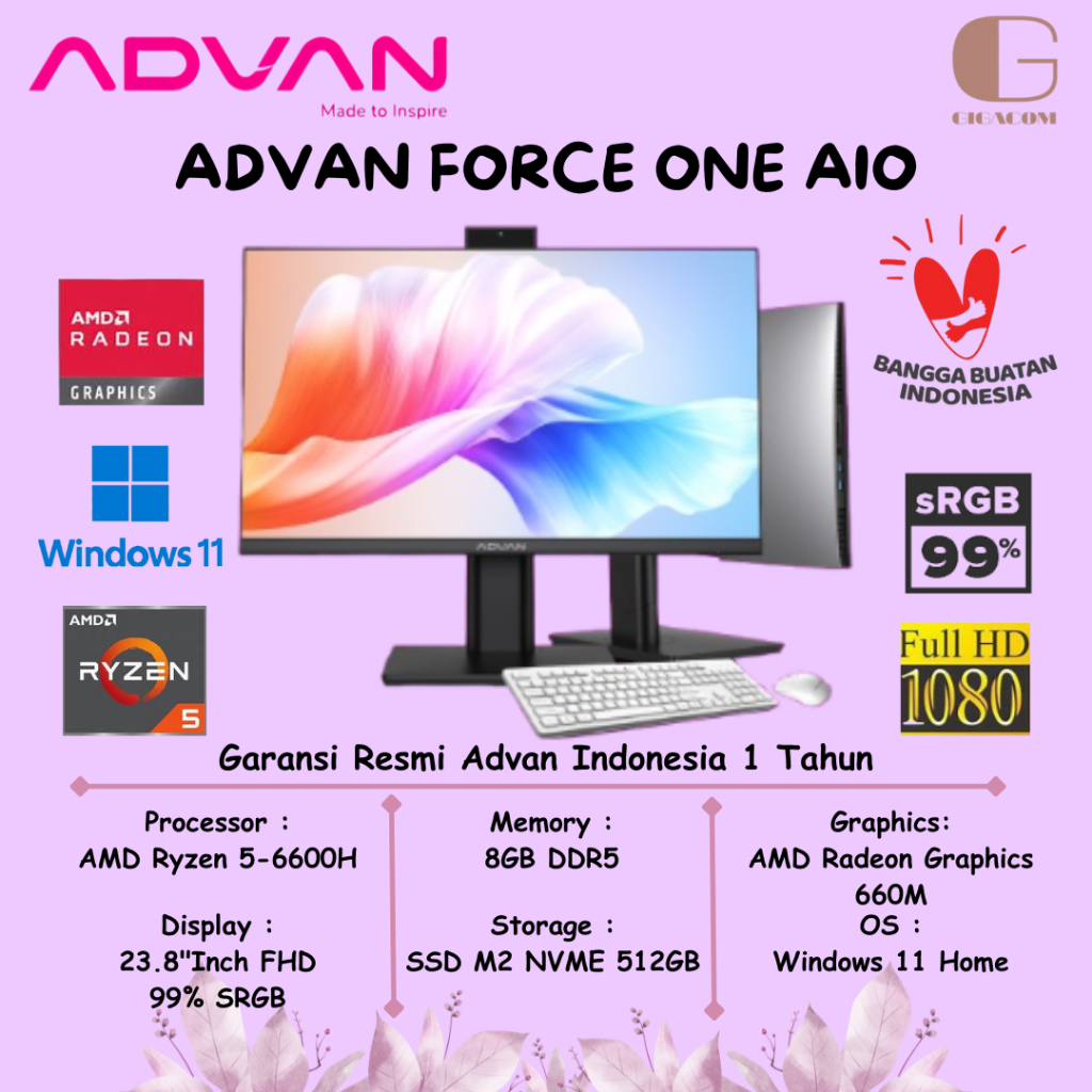 Jual Advan All In One Force One PC - Ryzen 5 6600H 8GB SSD 512GB 24"FHD ...