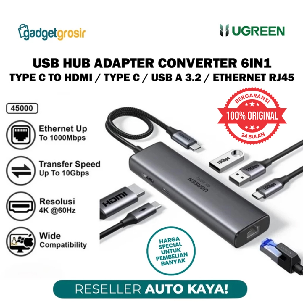 Jual UGREEN Usb Hub Adapter 5in1 / 6in1 USB Type C To HDMI 4K USB 3.0 Ethernet RJ45 Tipe C 100W ...