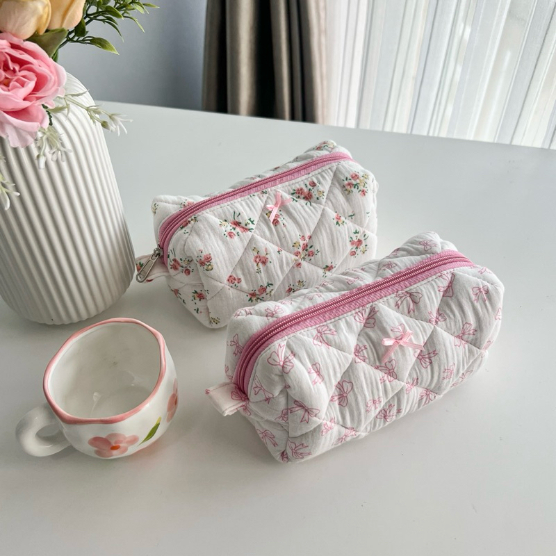 Jual Pouch makeup floral ribbon / tempat kosmetik / pouch aesthetic ...