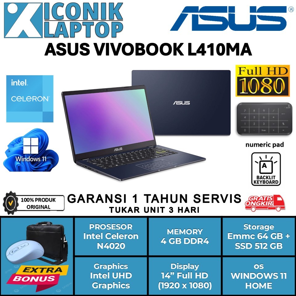 Jual Laptop Asus Vivobook L410MA Intel N4020 Ram 4 GB Ssd 512 GB Layar ...