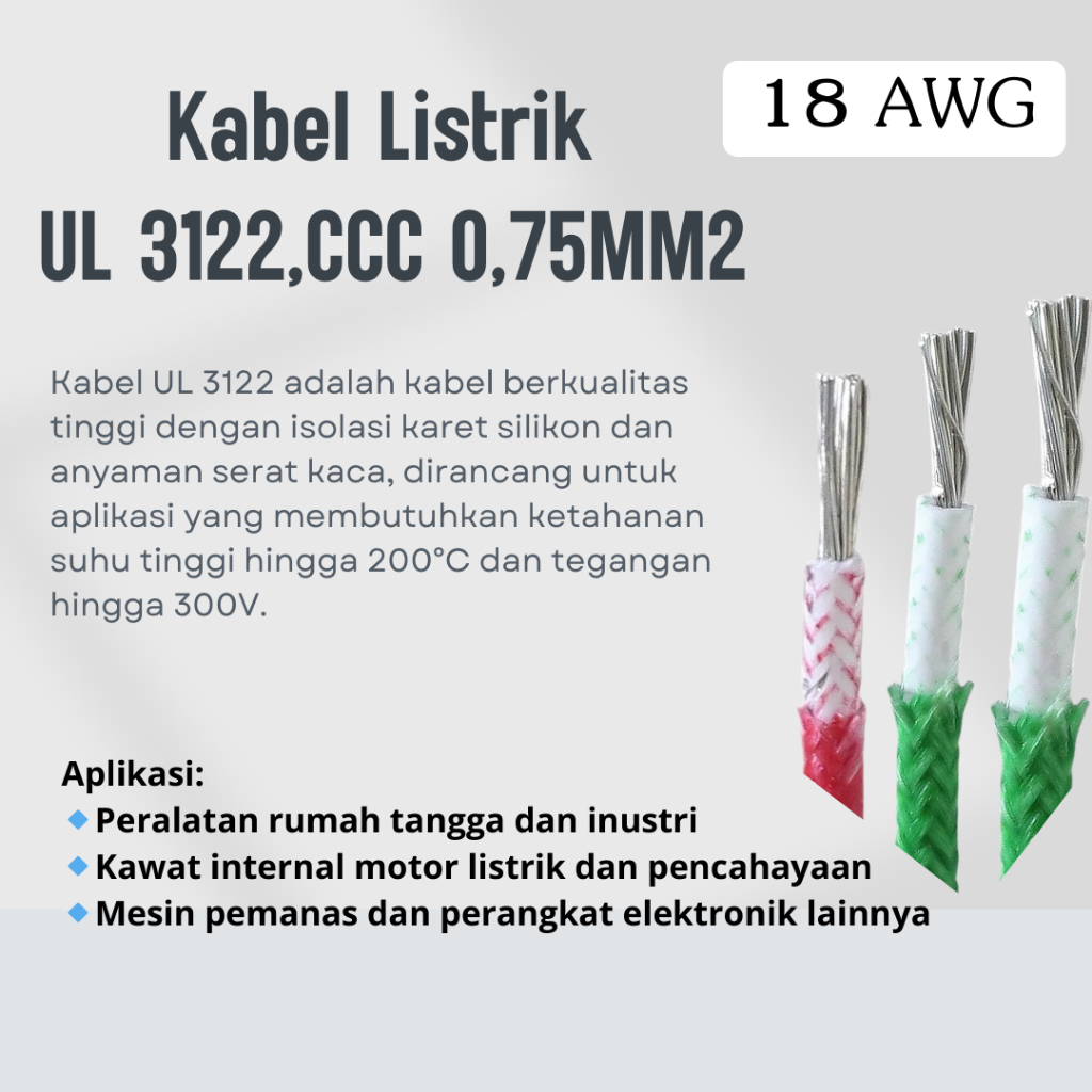 Jual Kabel Listrik UL 3122 CCC 0.75mm² 18 AWG 1 Meter / Kabel Serabut Tembaga Putih tinned ...