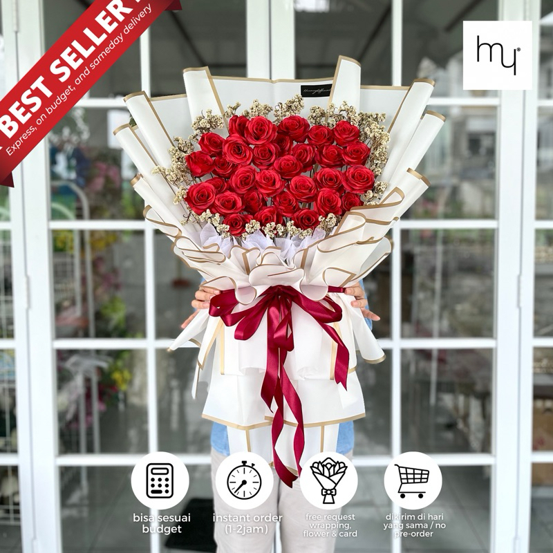 Jual HOOMEY - Bouquet Mawar Merah Jumbo 30 Tangkai | Buket Bunga ...