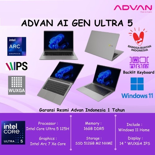 Jual Laptop Advan AI Gen Core Ultra 5 125H 16GB 512GB Win11 100% sRGB ...