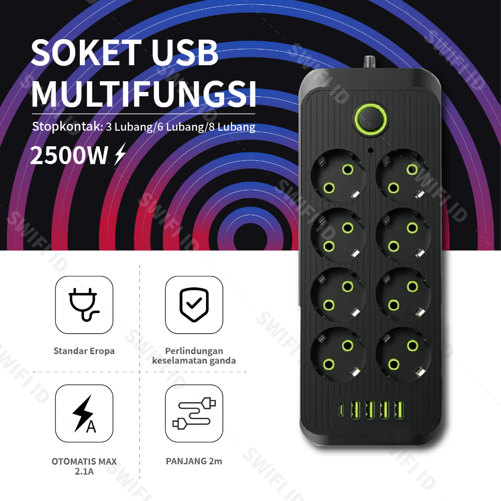 Jual 2500W Power Strip Power Socket Usb Charger kontak usb power strip 2 Meter colokan listrik ...