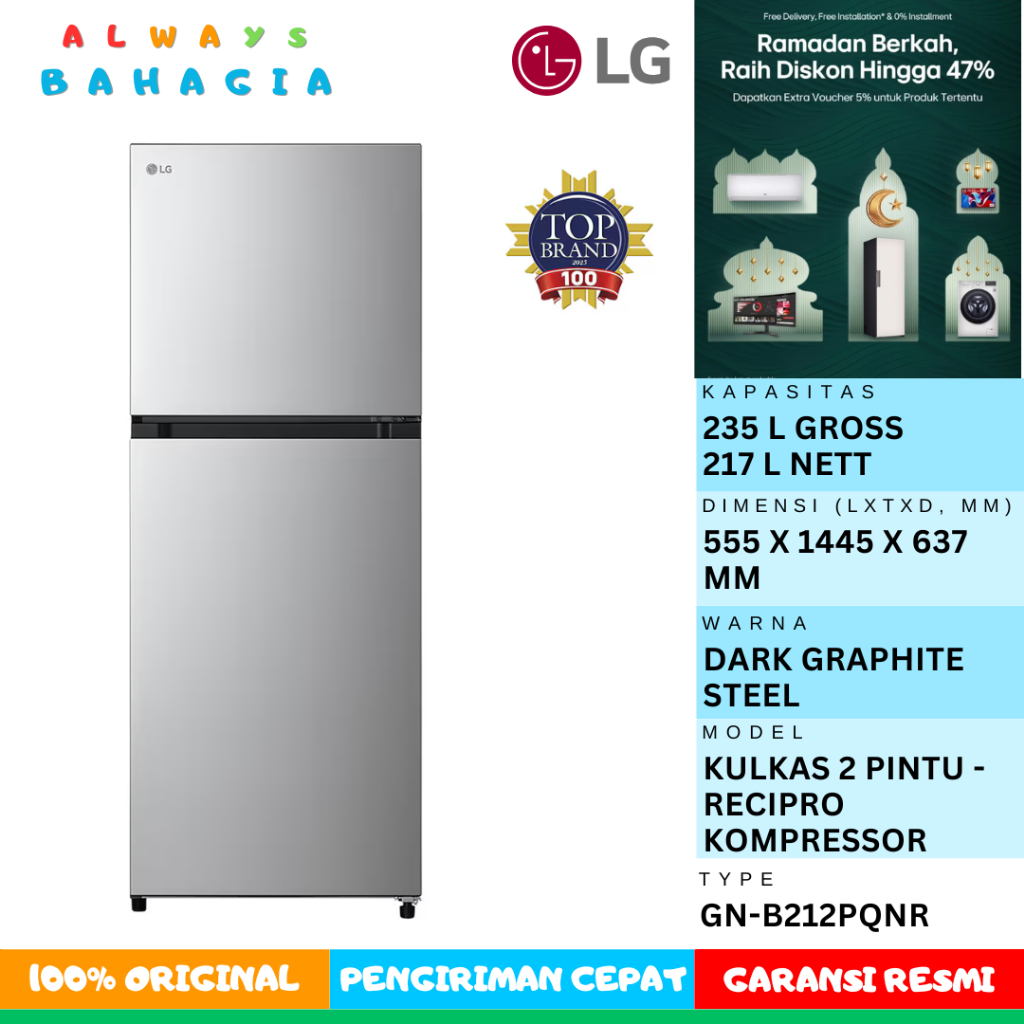 Jual LG GN-B212PQNR Kulkas 2 Pintu 235L Gross / 217L Nett Recipro Kompressor | Shopee Indonesia