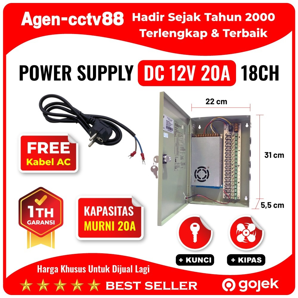 Jual Power Supply PSU Panel Box SPC DC 12V 20A 18CH Free Kabel AC ...