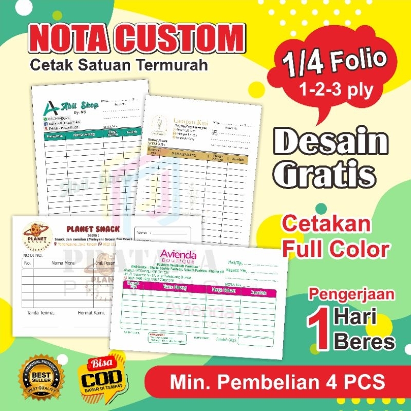 Jual Cetak nota custom 1/4 folio nota nama toko usaha sendiri gratis ...