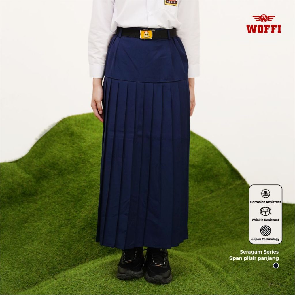 Jual Seragam SMP Woffi Rok Span Plisir Panjang Karet dan Ban Biru | Shopee Indonesia