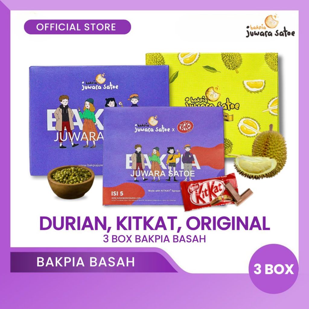 Jual JUWARA SATOE [ 3 Box ] Paket Bakpia Basah Isi 15 (Durian, Kitkat ...