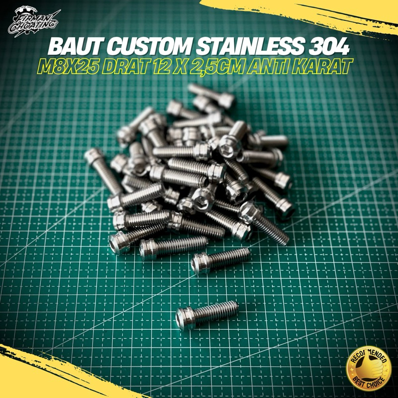Jual BAUT CUSTOM STAINLESS 304 M8x25 DRAT 12 PANJANG 2,5CM (Harga 1 Pcs) | Shopee Indonesia