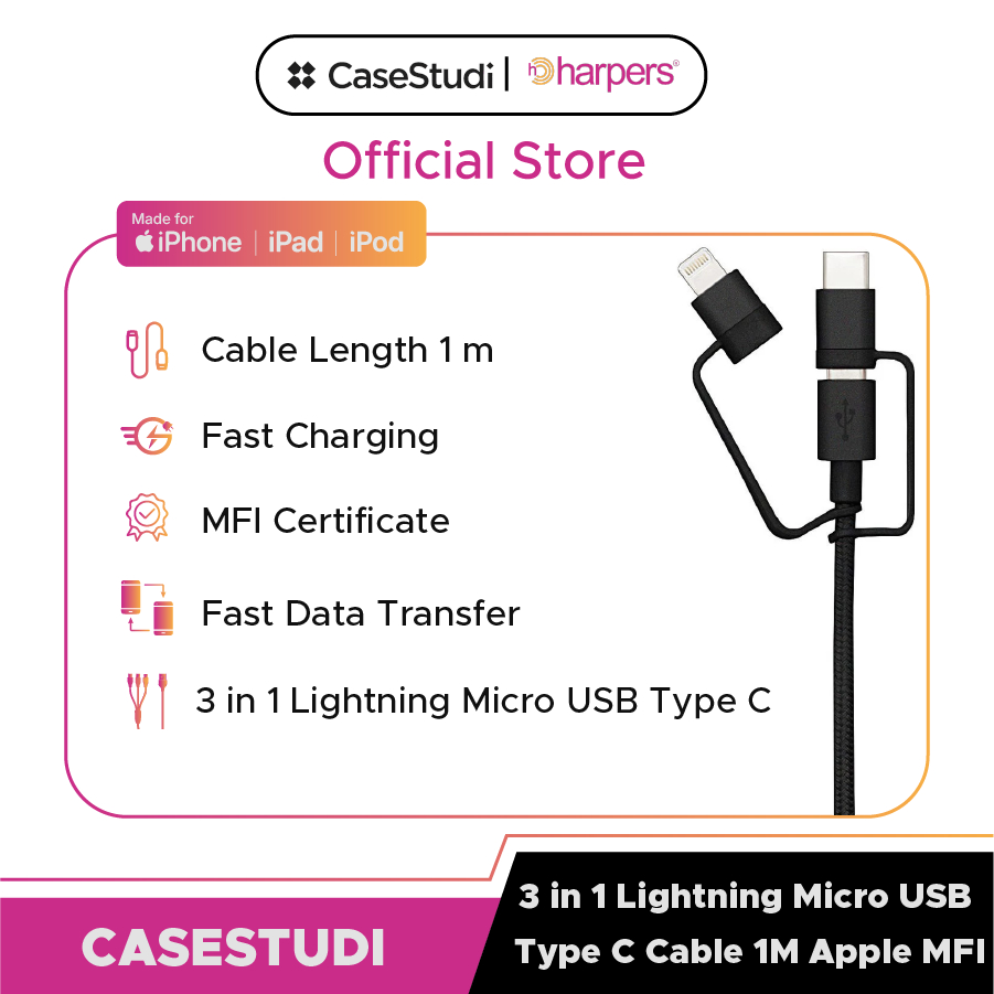 Jual CASESTUDI 3 in 1 Lightning Micro USB Type C Cable 3.3ft / 1m Apple MFI kabel data kabel ...