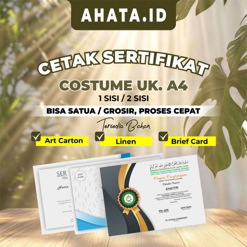 Jual CETAK SERTIFIKAT CETAK PIAGAM - CETAK SATUAN / GROSIR - UKURAN A4 ...