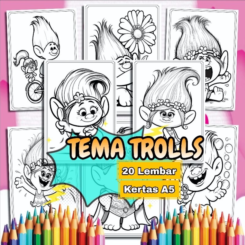 Jual 20 Lembar Kertas Mewarnai anak ( A5) - Tema TROLLS | Shopee Indonesia