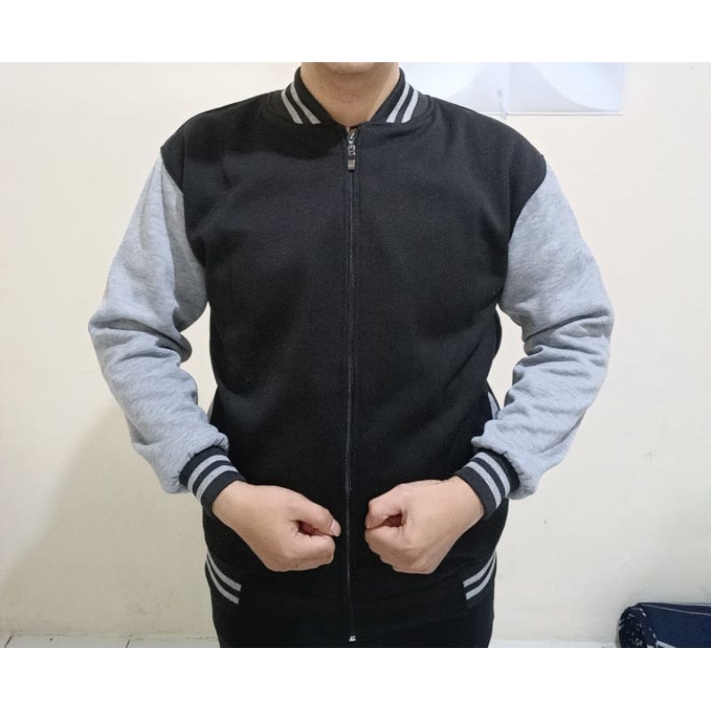 Jual Jaket Baseball Resleting Polos Kombinasi Bahan Tebal | Shopee ...