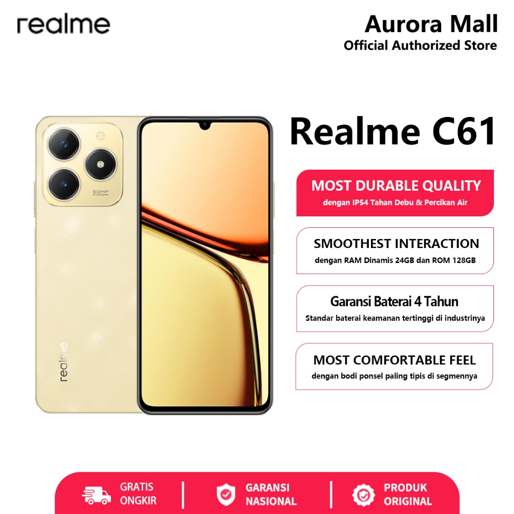 Jual Realme C61 8+128GB Extended RAM 128GB ROM 5000mAh 15W -Realme Official Store Guarantee 100% ...