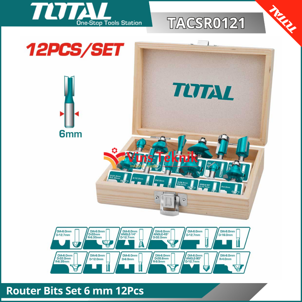 Jual TOTAL Router Bits Set 6 mm Mata Profil Kayu 12pcs TACSR0121 ...