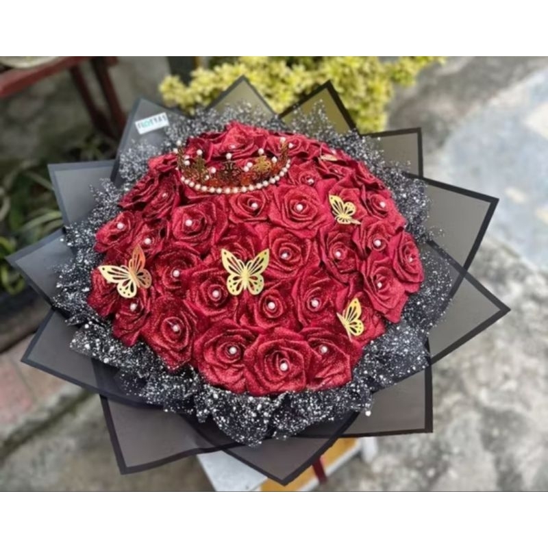 Jual (READY STOK) 20 25 50 bouquet bunga satin Glitter maroon + mahkota ...