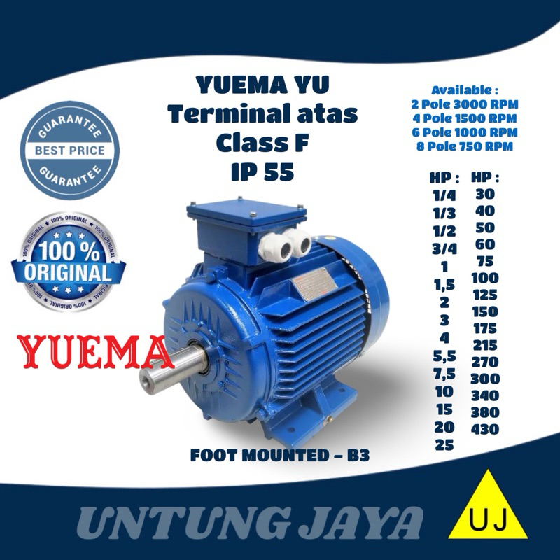 Jual DINAMO ELEKTRO MOTOR YUEMA YU 3 PHASE 30 HP 22 KW 2 POLE 3000 RPM / ELEKTRIK MOTOR YUEMA YU ...