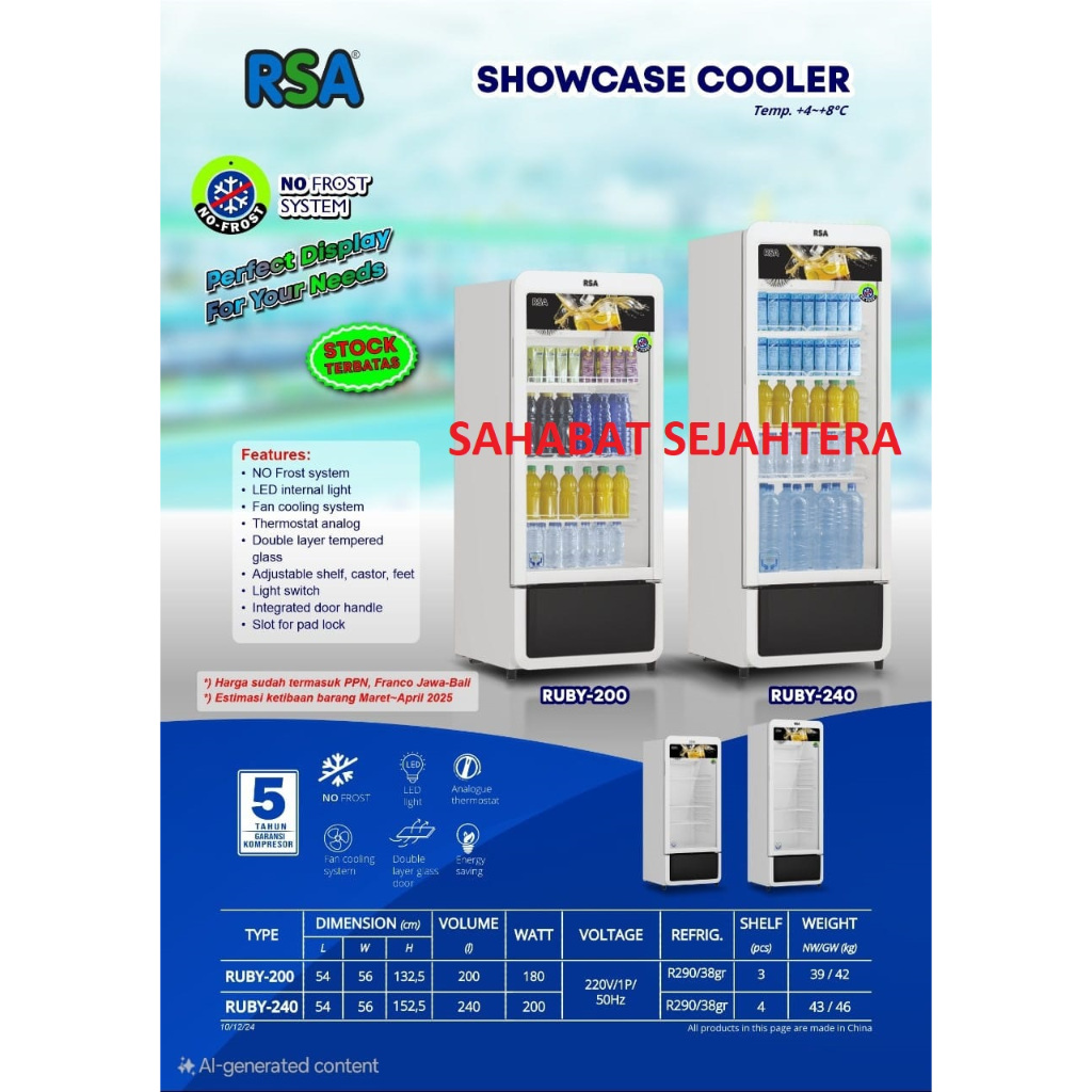 Jual RSA Display Cooler RUBY-240 Kulkas Showcase Minuman 1 Pintu ...