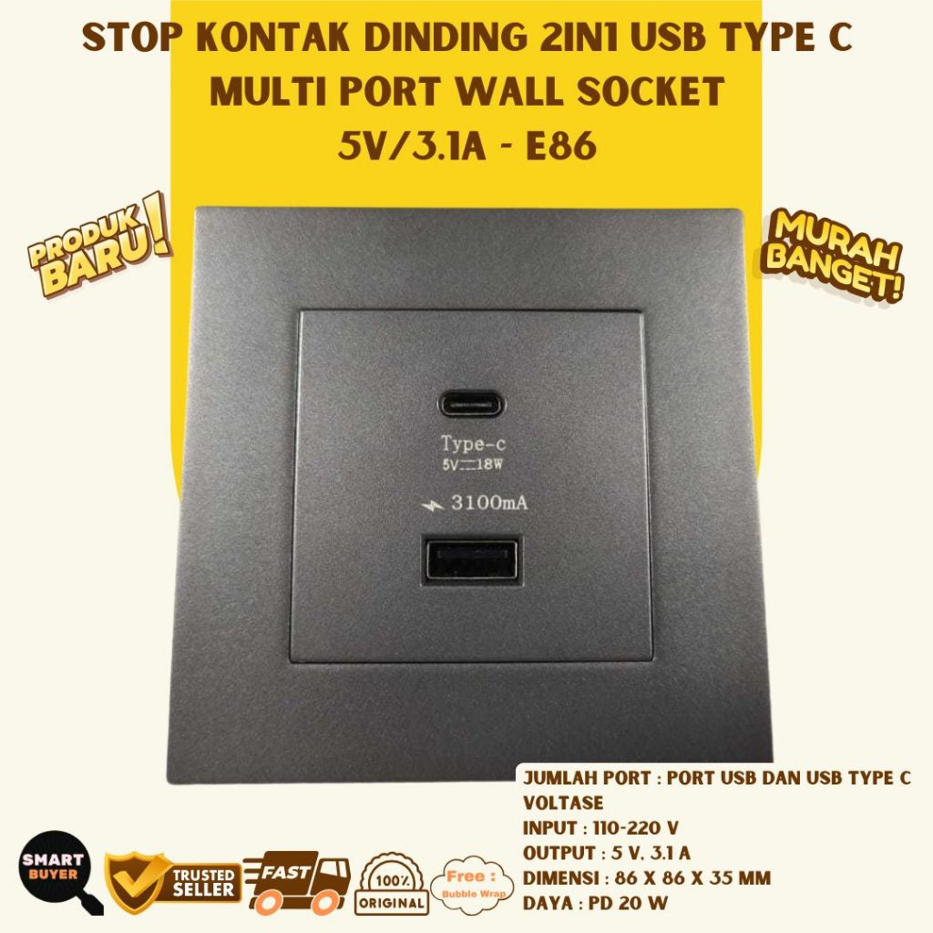 Jual Stop Kontak Dinding USB Type C Multi Port Wall Socket 5V/3.1A E86 ...