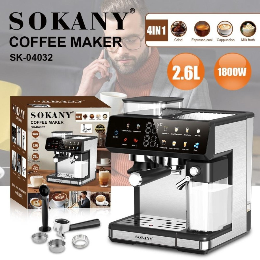 Jual Mesin Kopi Espresso Atomatis Grinding 1800W 20 Bar SOKANY SK-04032 Silver Black | Shopee ...