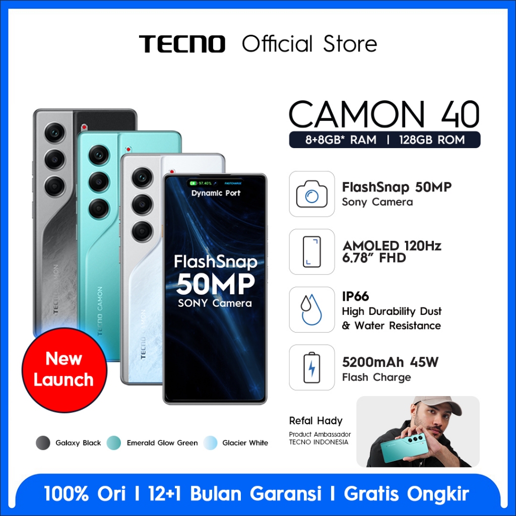 Jual [FLASHSNAP] TECNO CAMON 40 8+8GB*128 GB, 50MP Sony + 8MP Ultra Wide Camera, 32MP Front ...