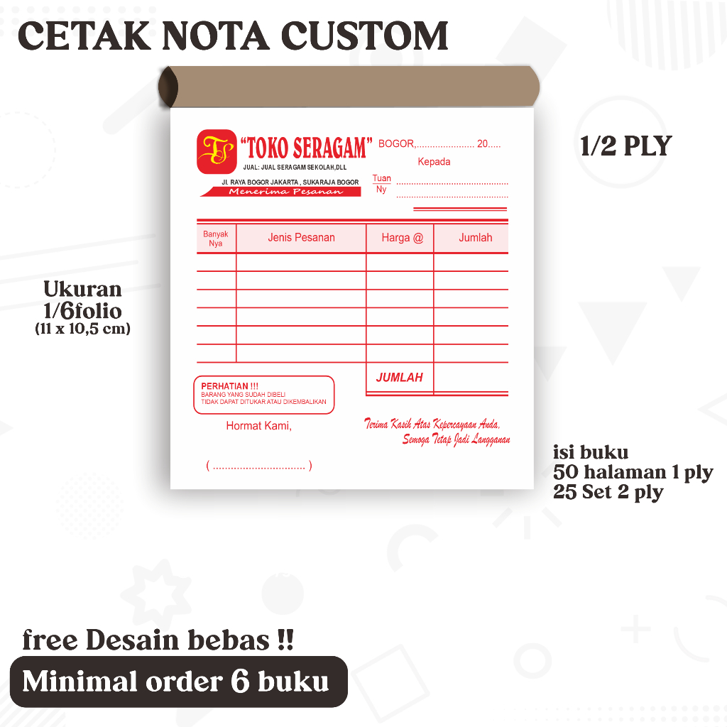 Jual cetak nota custom 1 ply 2 ply nama usaha toko sendiri ukuran ...