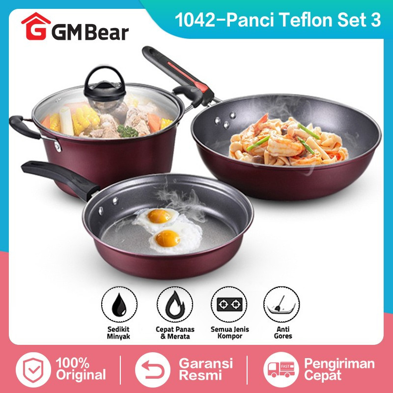 Jual GM Bear Panci Penggorengan Set isi 3pcs 1042 - Arria Panci 1 Set Wajan Penggorengan ...