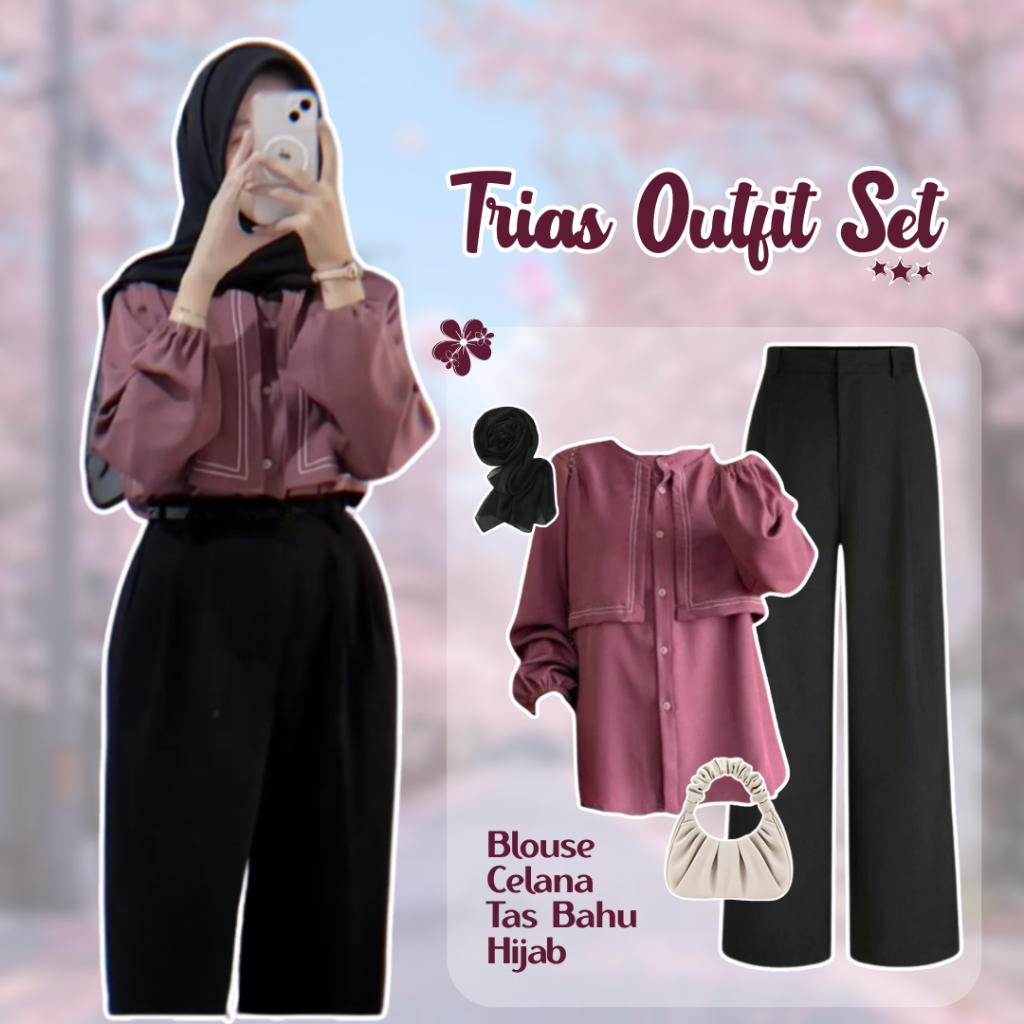 Jual one set 3in1 blouse wanita elegan Triana + Celana Basic + Tas Bahu Aesthetic + Hijab AM279N ...