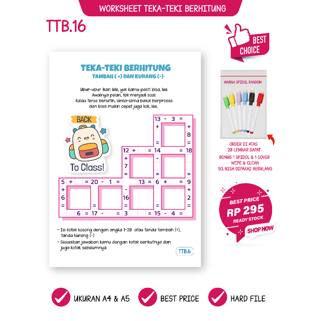 Jual ASHJENA Teka-Teki Berhitung Lembar latihan anak di rumah worksheet ...