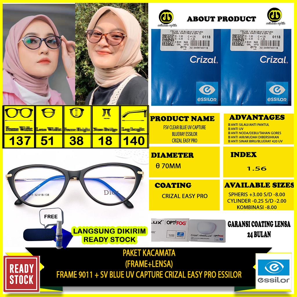 Jual PAKET KACAMATA FRAME 9011+ESSILOR BLUE UV CAPTURE CRIZAL EASY PRO ...