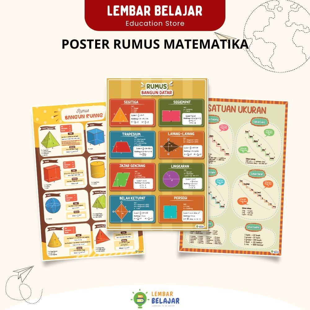 Jual LEMBAR BELAJAR Poster Satuan Matematika, Rumus Bangun Ruang dan Datar Ukuran A3+ | Shopee ...