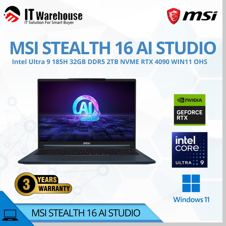 Jual LAPTOP MSI STEALTH 16 AI STUDIO 9S7-15F312-223 A1V Intel Ultra 9 185H 32GB DDR5/2TB NVME ...